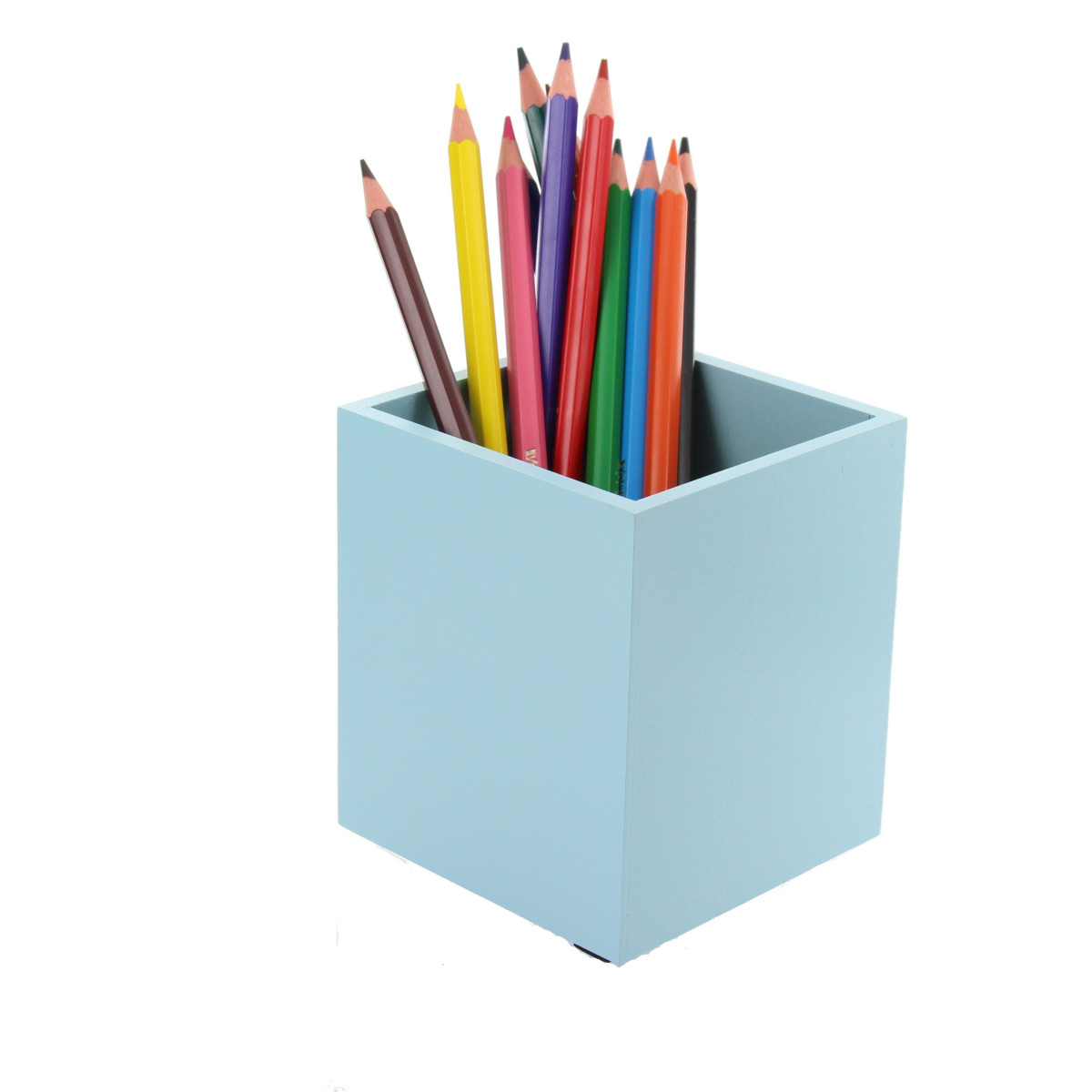 Pot à crayons carré en bois teinté bleu